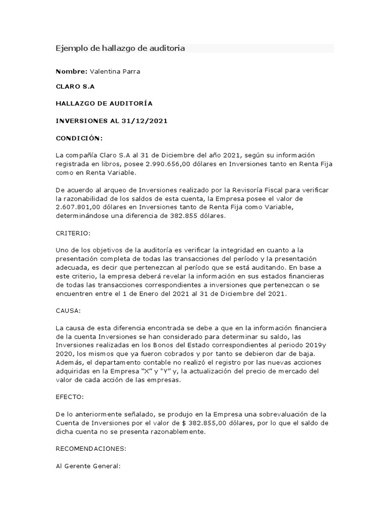 Ejemplo Hallazgo Auditoría | PDF | Auditoría | Contabilidad