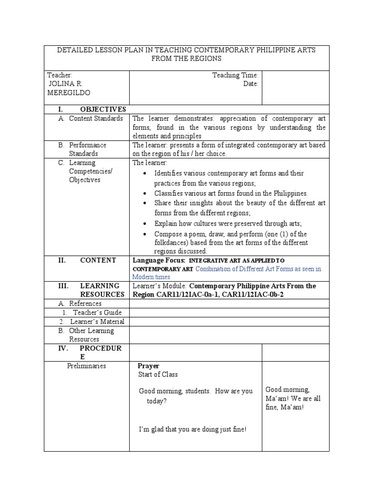 Lesson Plan: Contemporary Philippine Arts | PDF | Adverb | Deforestation