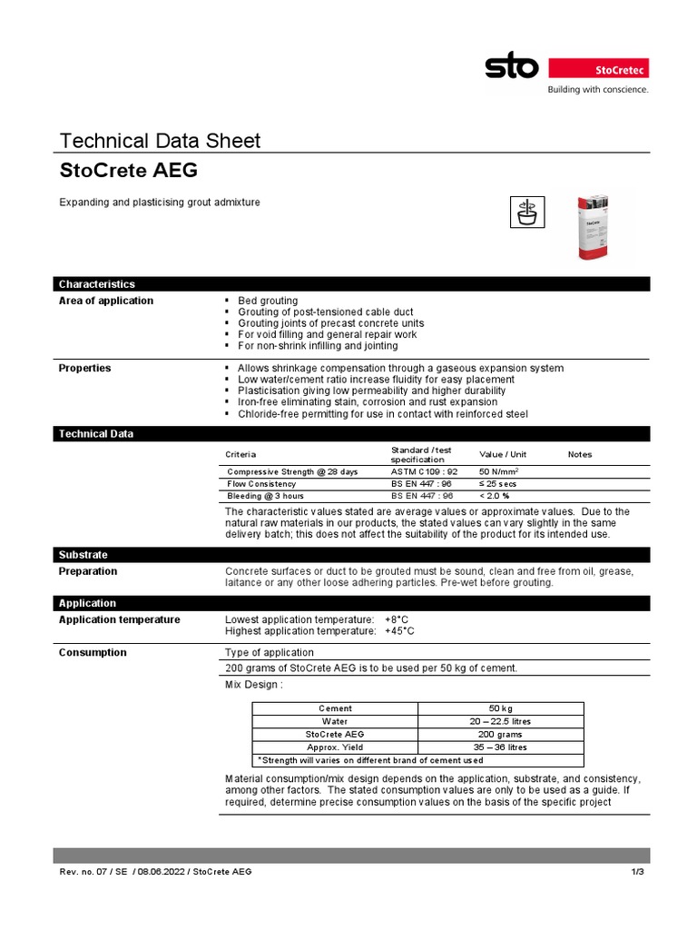 StoCrete AEG Grout Admixture Data Sheet | PDF | Concrete | Physical ...