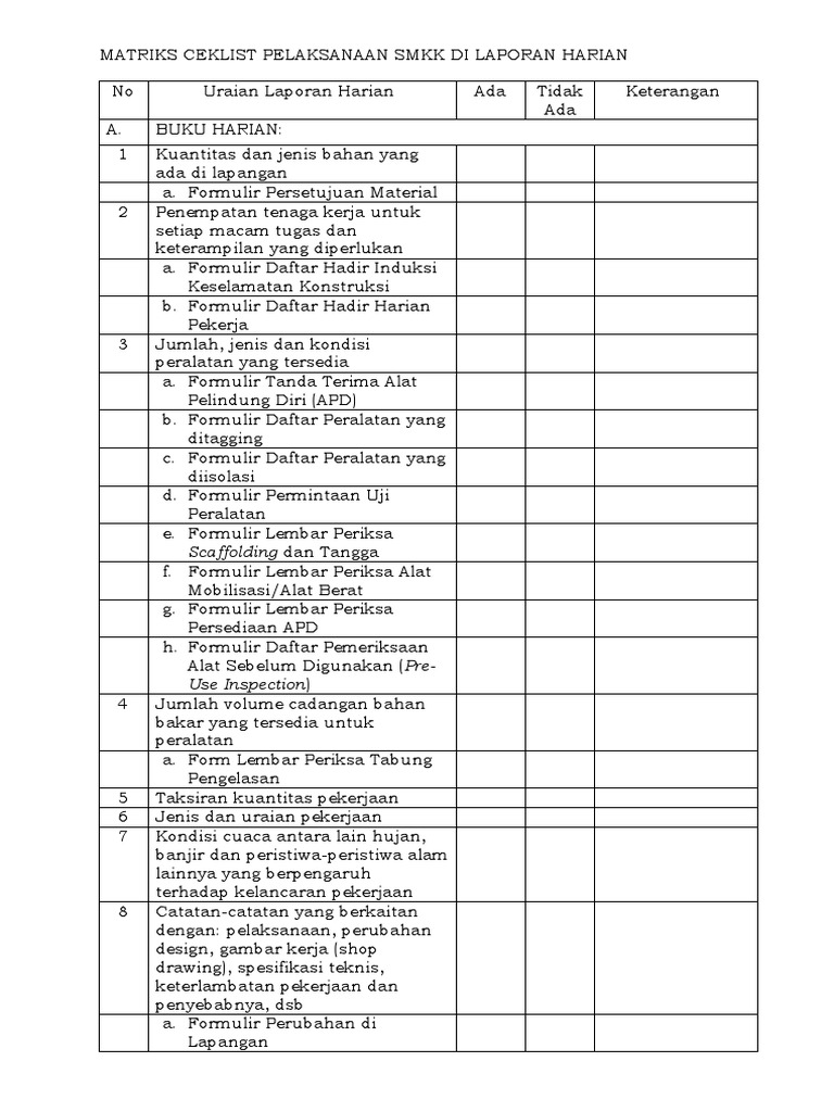 Matriks Ceklist Pelaksanaan SMKK Di Laporan Harian | PDF