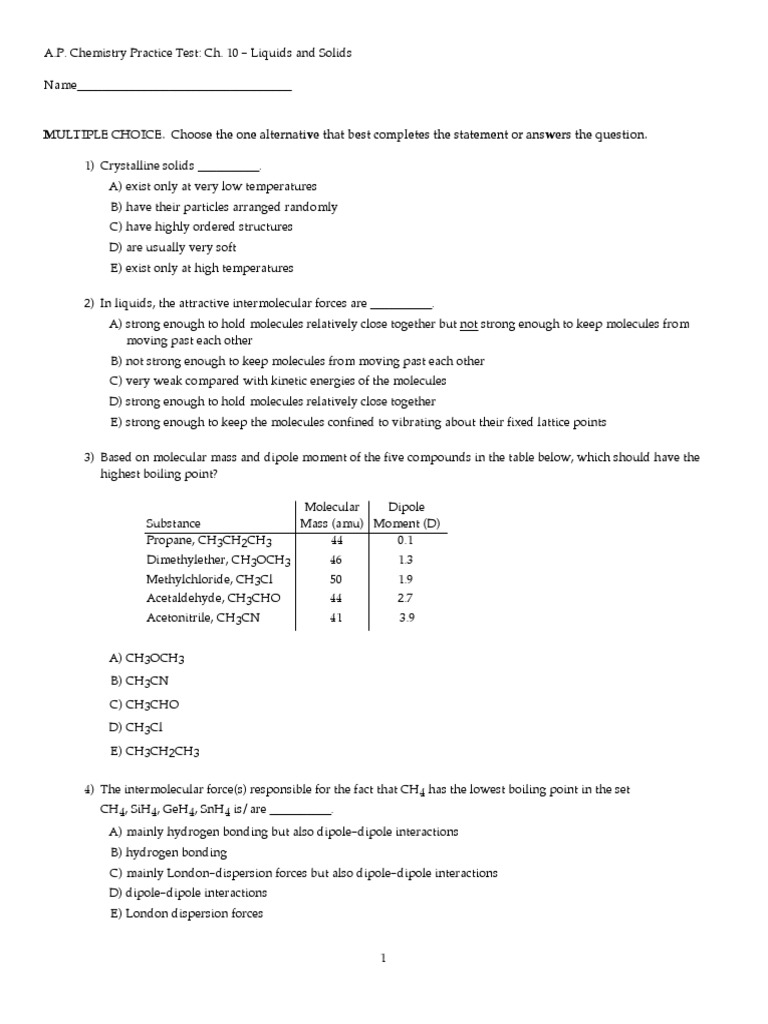 CH 10 Practice Test Liquids Solids-And-Answers-Combo | PDF | Chemical ...