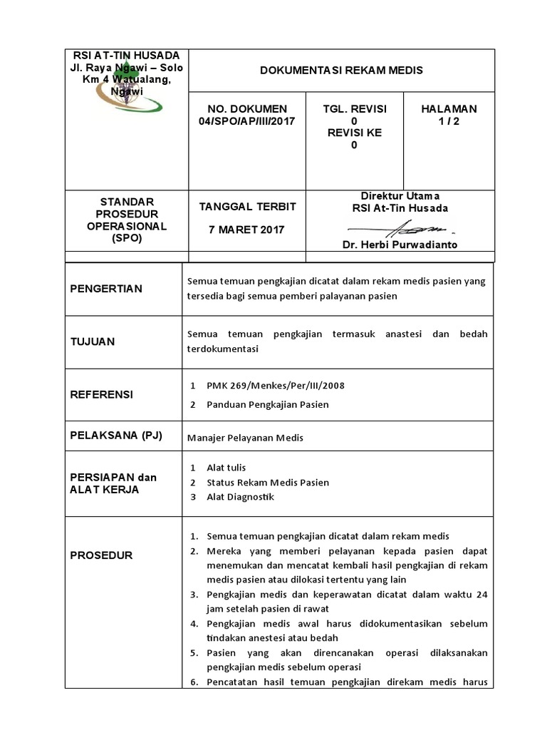 Spo Dokumentasi Rekam Medis | PDF