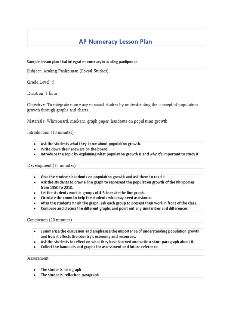 Sample Lesson Plan in Aral Pan Incorporating Numeracy | PDF | Lesson ...