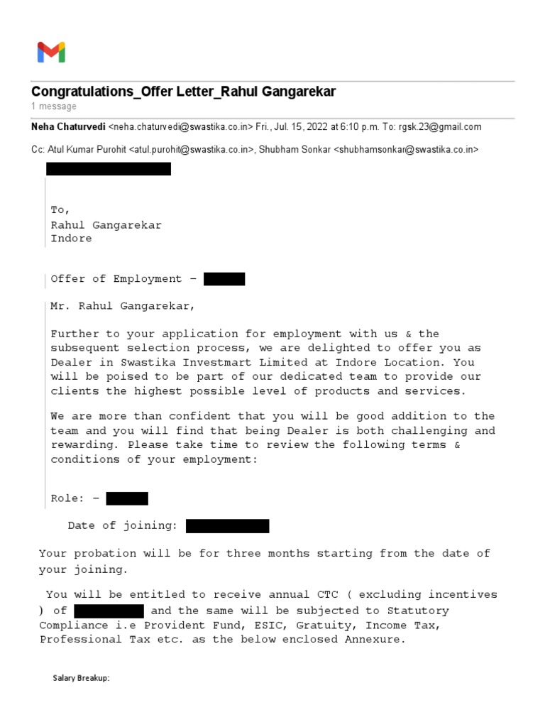 Gmail - Congratulations - Offer Letter - Rahul Gangarekar | PDF ...