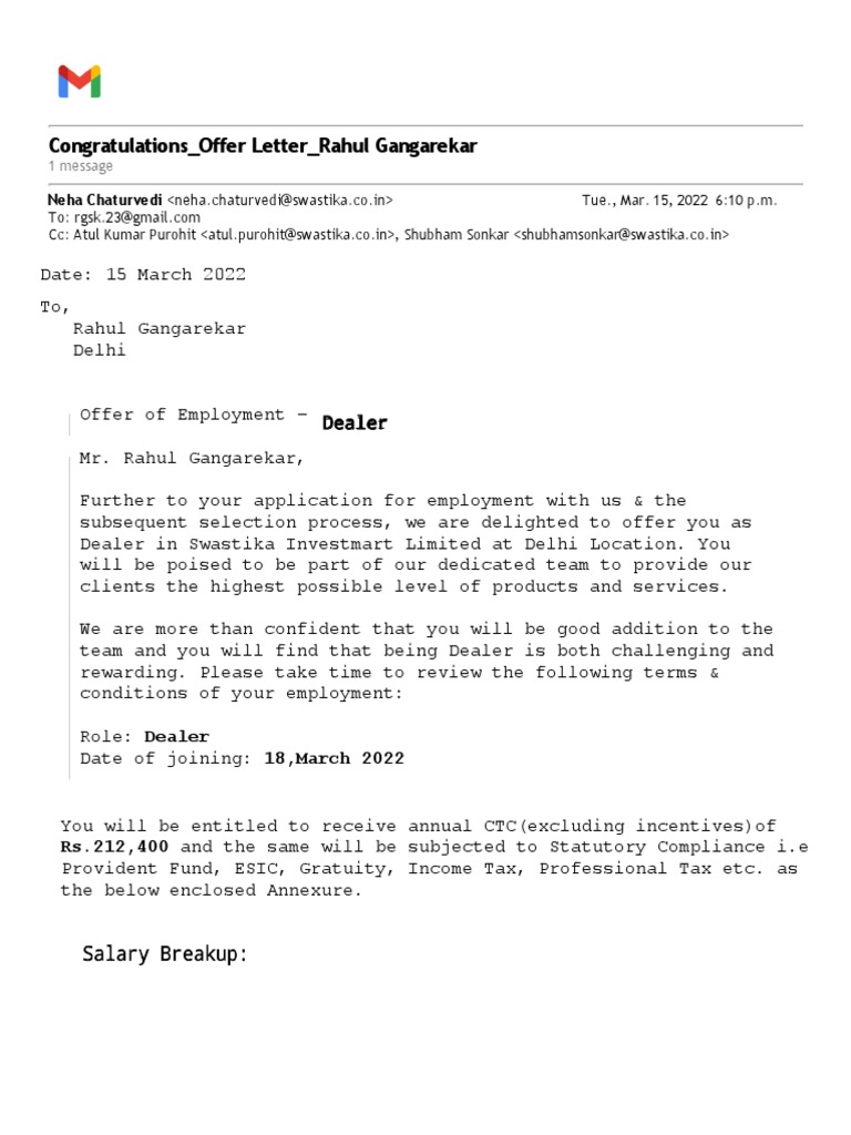 Rahul Gangarekar - Offer Letter | PDF