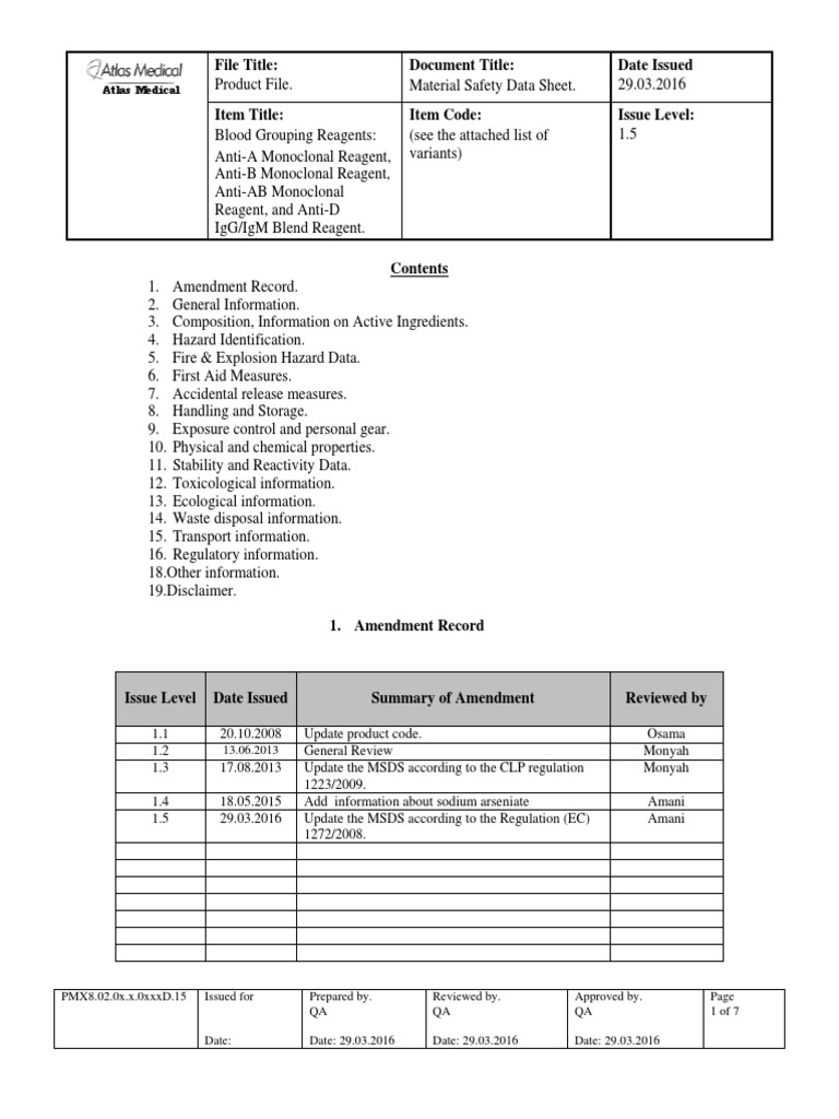 MSDS for Anti-A Blood Group Reagents | PDF | Hazards | Toxicity