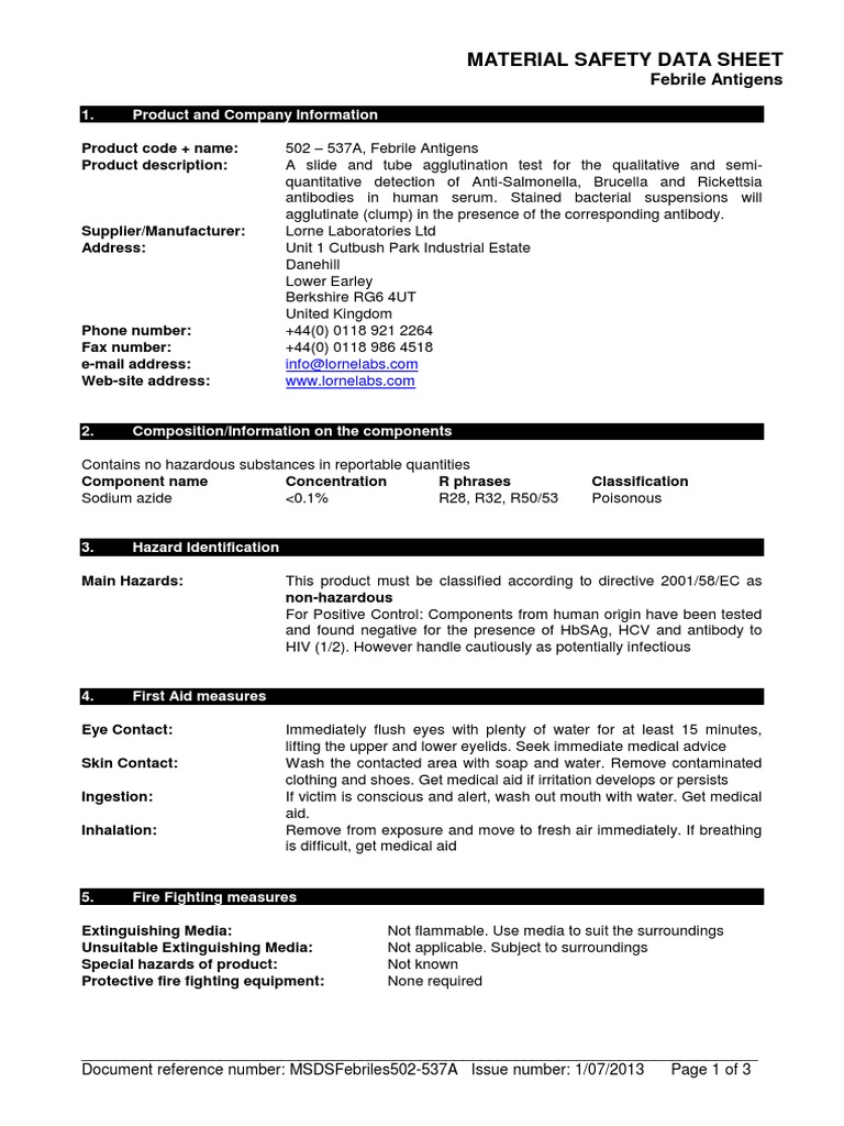 Febrile Antigens MSDS Overview | PDF | Hazards | Chemistry