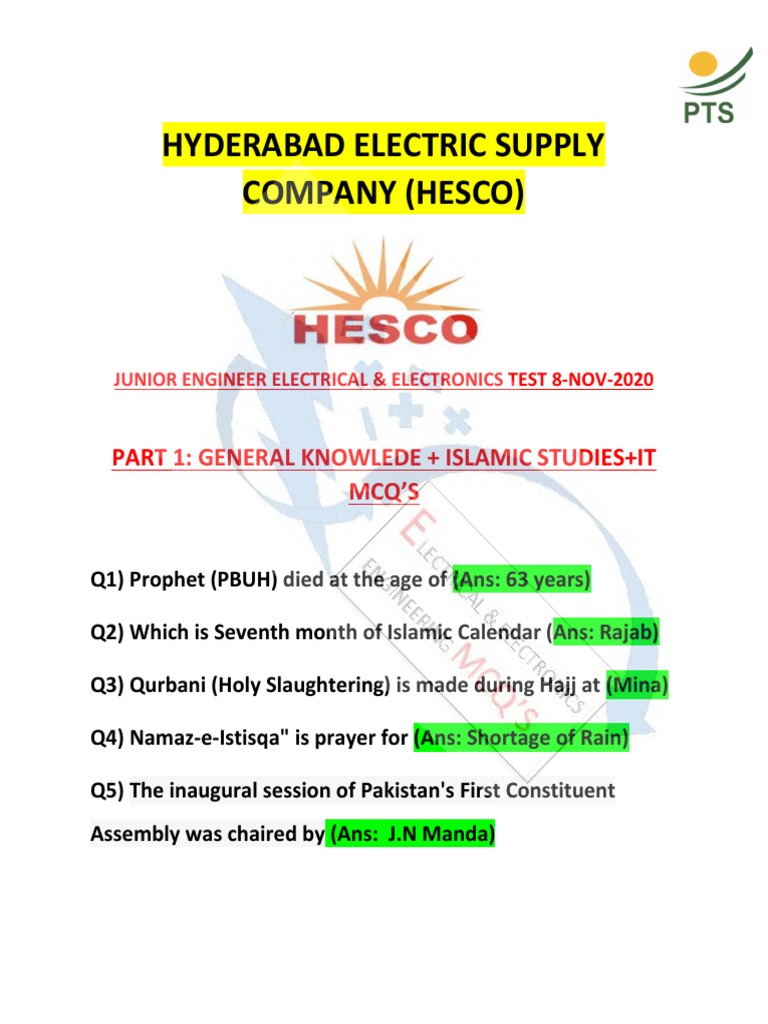 Hyderabad Electric Supply CompaneyHESCO Junior Engineer Electrical Electronics Paper 2020 | PDF ...