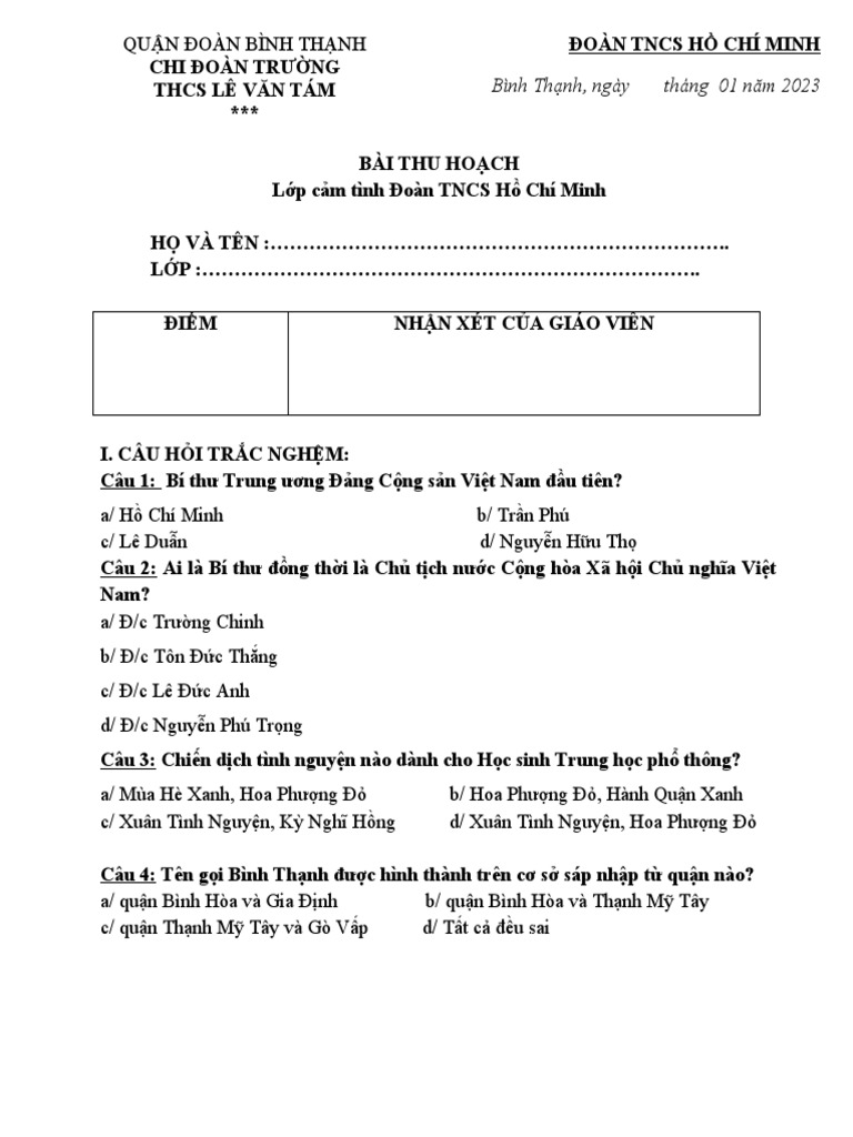 Bai Thu Hoach Lop Cam Tinh Doan Nam 2023 | PDF