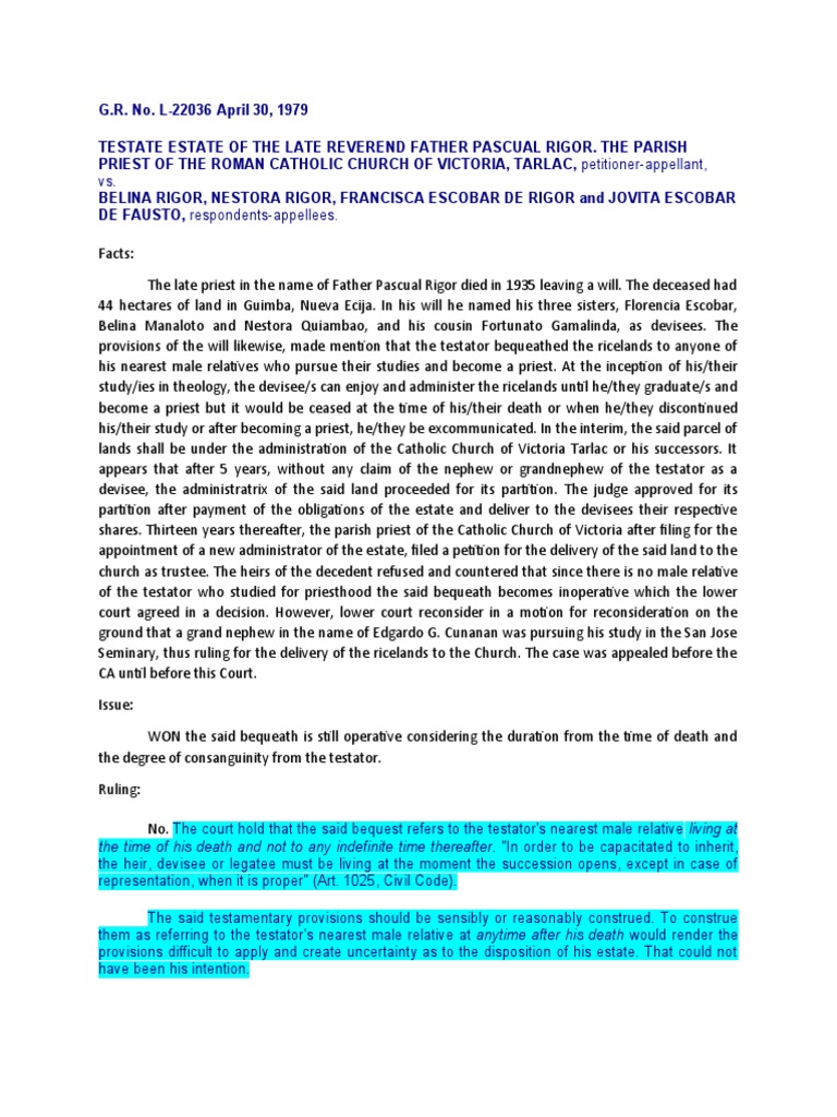 ESTATE OF RIGOR V. RIGOR 89 SCRA 493.digest | PDF | Will And Testament ...