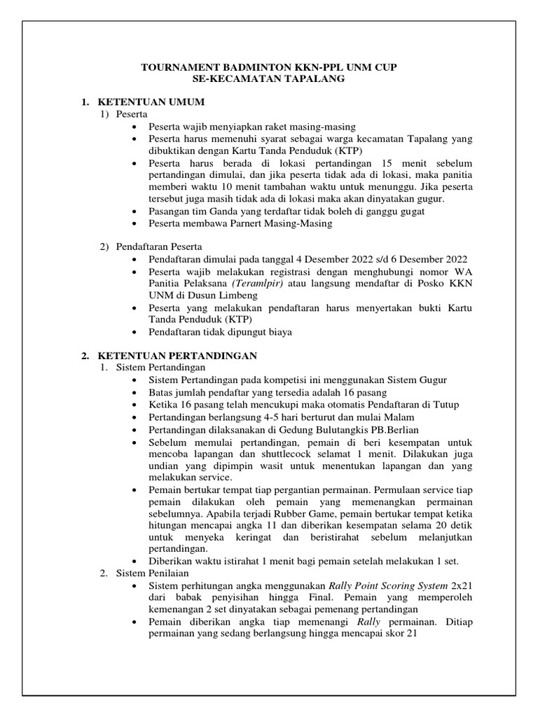 Skor dan Aturan Badminton KKN-PPL | PDF