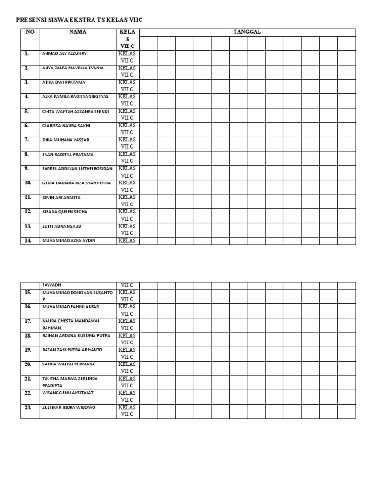 Presensi Siswa Ekstra Wajib TS Kelas 7C | PDF