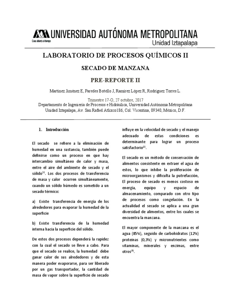 Practica de Secado de Manzana | PDF | Calor | Ingeniería Química