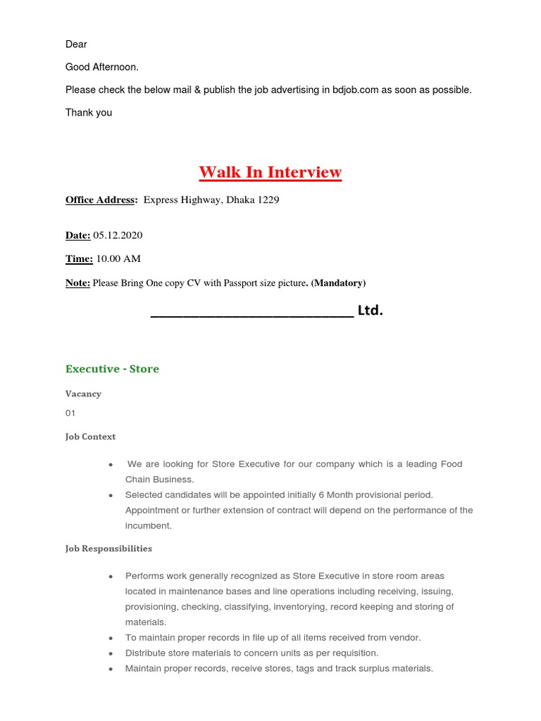 Walk in Interview Mail Formate | PDF | Employment | Inventory