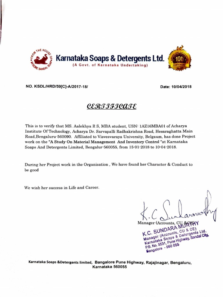 A Study On Material Management and Inventory Control at Karnataka Soap ...
