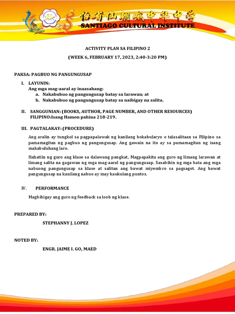 Activity Plan Sa Filipino 2 - Week 6 | PDF