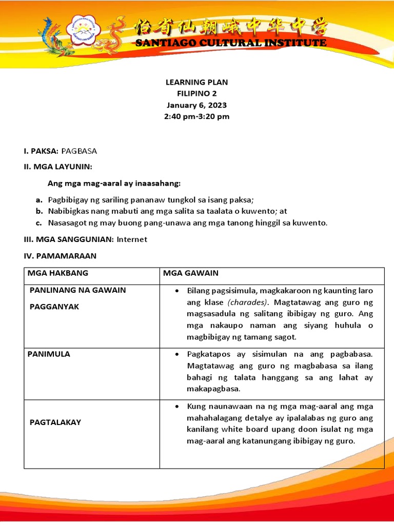 LEARNING PLAN Sa FILIPINO 2 (PAGBABASA) | PDF