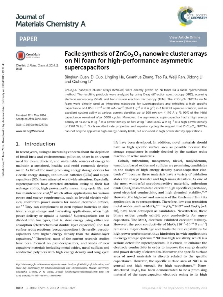 Facile Synthesis of ZnCo2O4 Nanowire Cluster Arrays On Ni Foam For High-Performance Asymmetric ...
