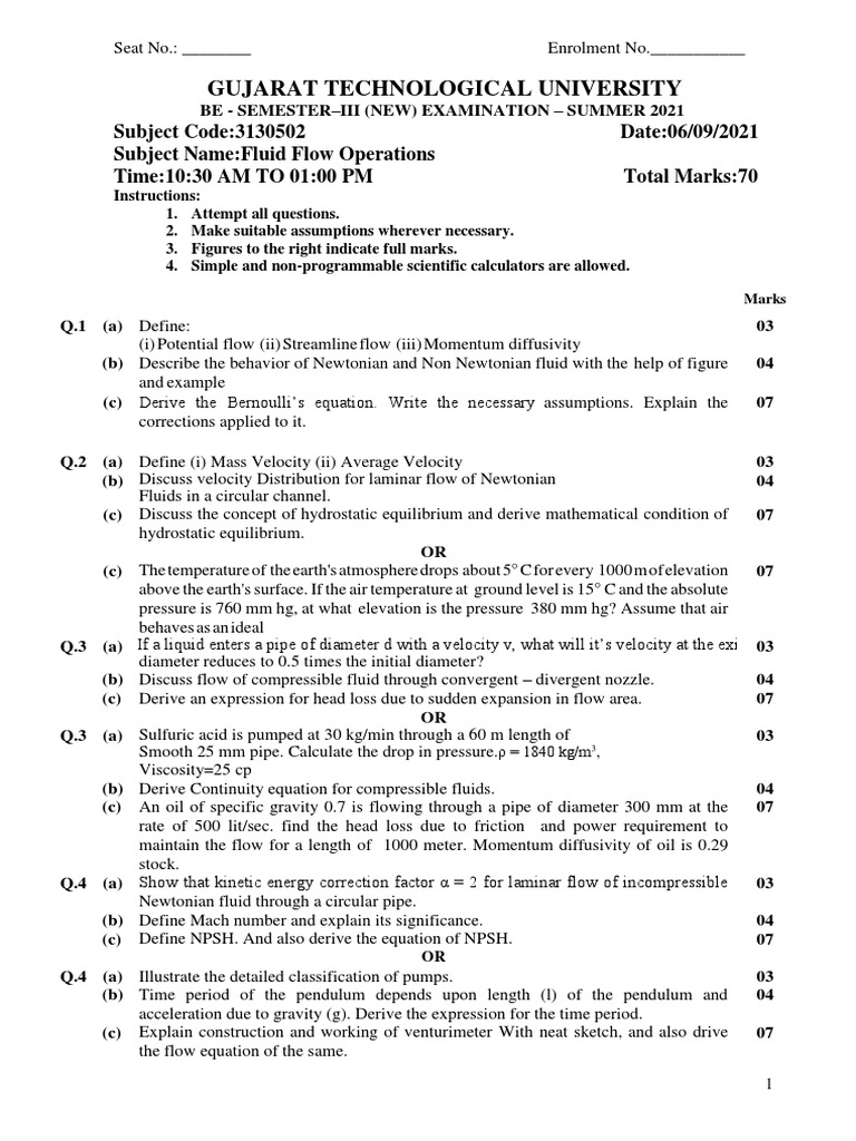 Fluid Flow Operation Gtu | PDF | Fluid Dynamics | Newton's Laws Of Motion
