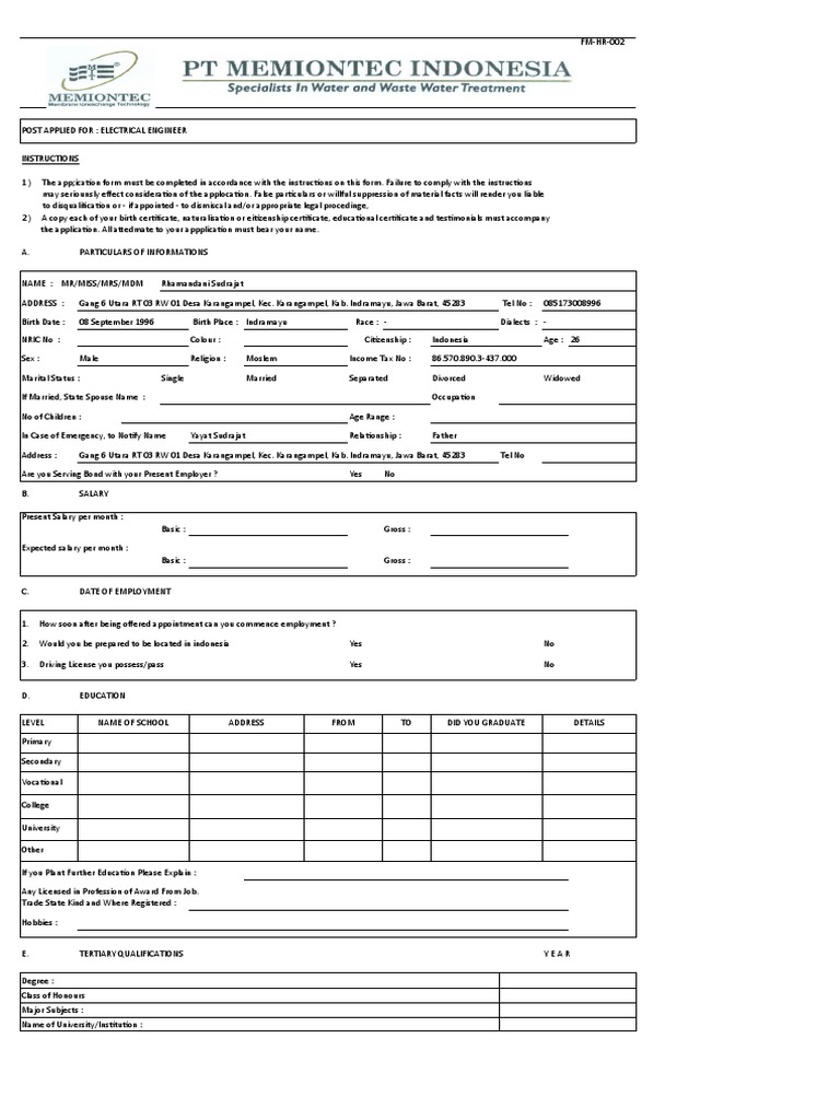 Fm-hr-002 Application Form Mit Rhamandani | PDF