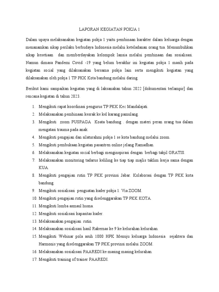 Laporan Kegiatan Pokja 1 | PDF