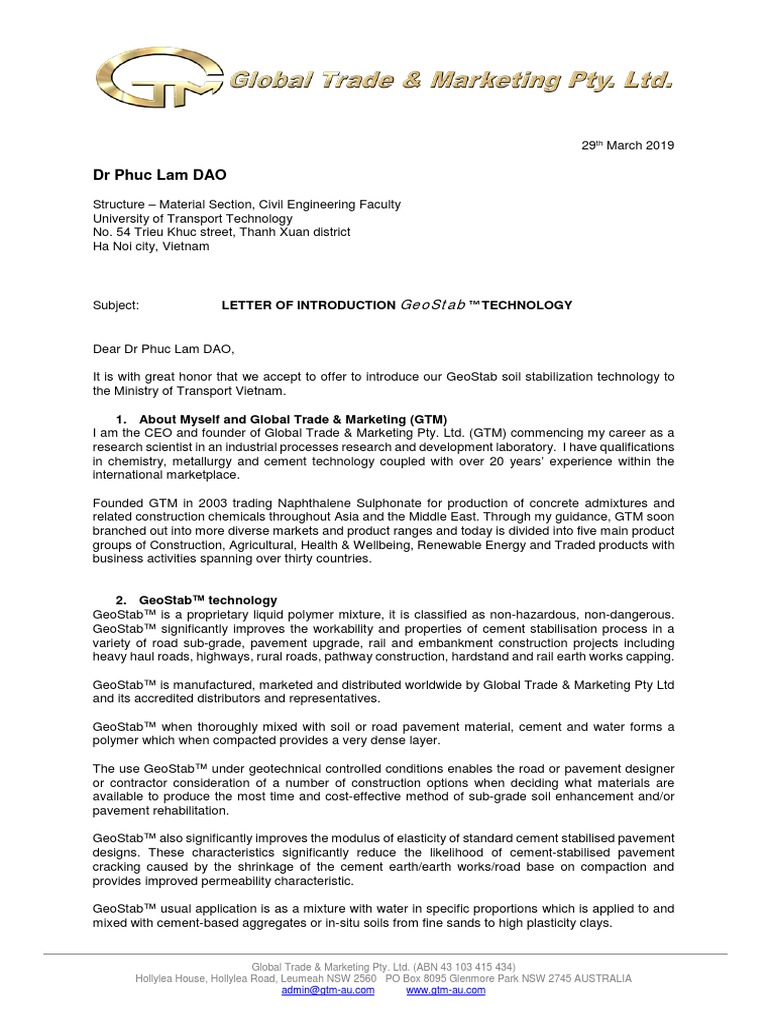 GTM-DAO Letter of Introduction GeoStab 29-Mar-2019 | PDF | Road Surface ...