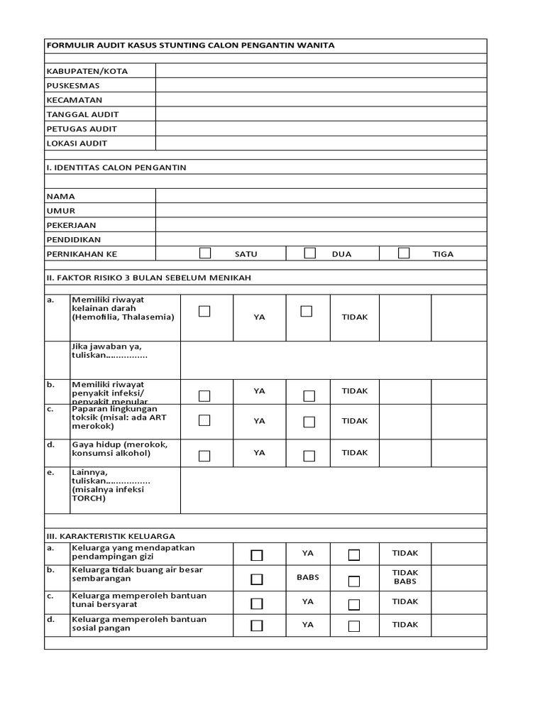 FORMULIR AUDIT KASUS STUNTING IBU HAMIL DAN CALON PENGANTIN WANITA DI KABUPATEN/KOTA | PDF