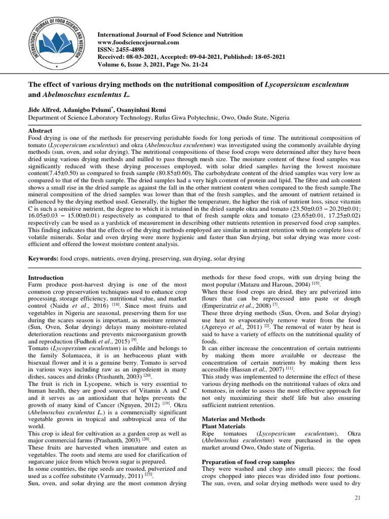Effect Of Various Drying Methods Of The Nutritional Composition Of