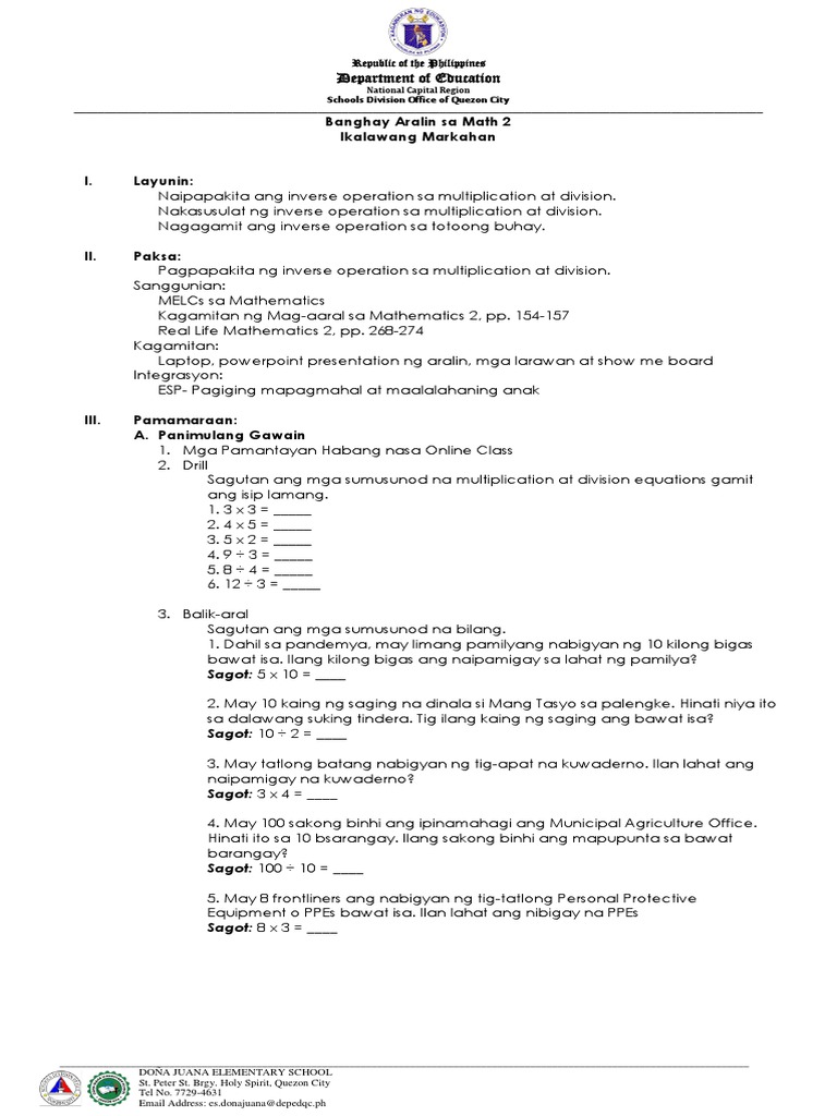 Lesson Plan Sa Math 2-Pagpapakita NG Inverse Operation Sa ...