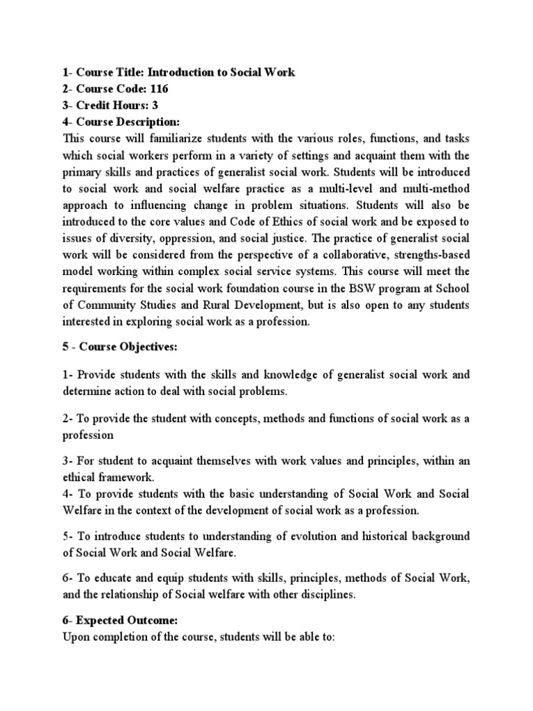 Course Outline Introduction To Social Work | PDF | Social Work | Profession