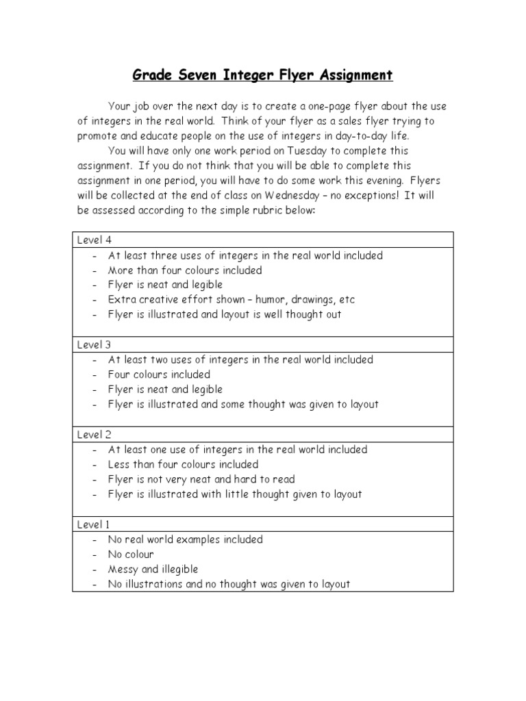 Grade Seven Integer Flyer Assignment | PDF