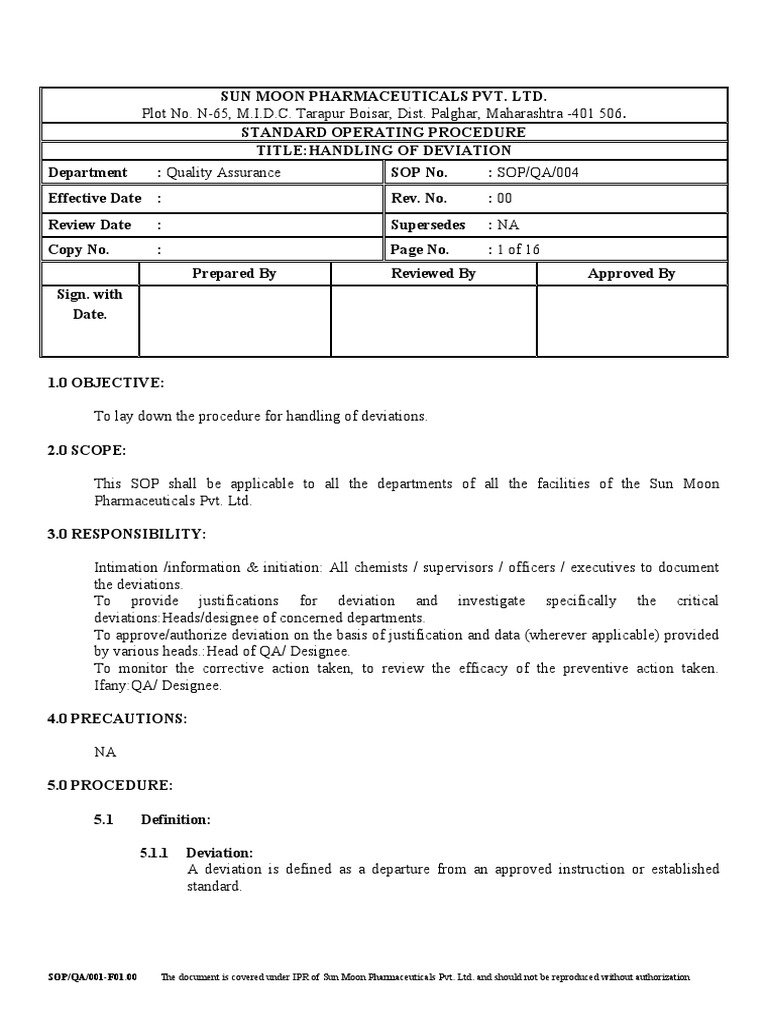 SOP for Handling Deviations in QA | PDF | Quality Assurance | Business