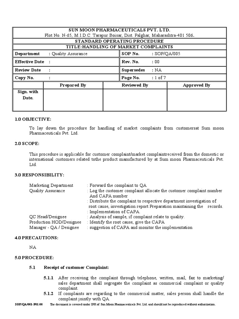 SOPCQAQA006 Handling of Market Complaint | PDF | Quality Assurance ...