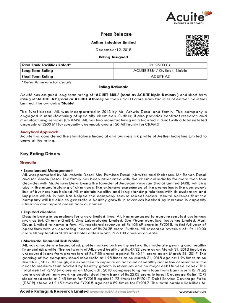 AETHER Industries LTD - 2019 Credit Rating | PDF