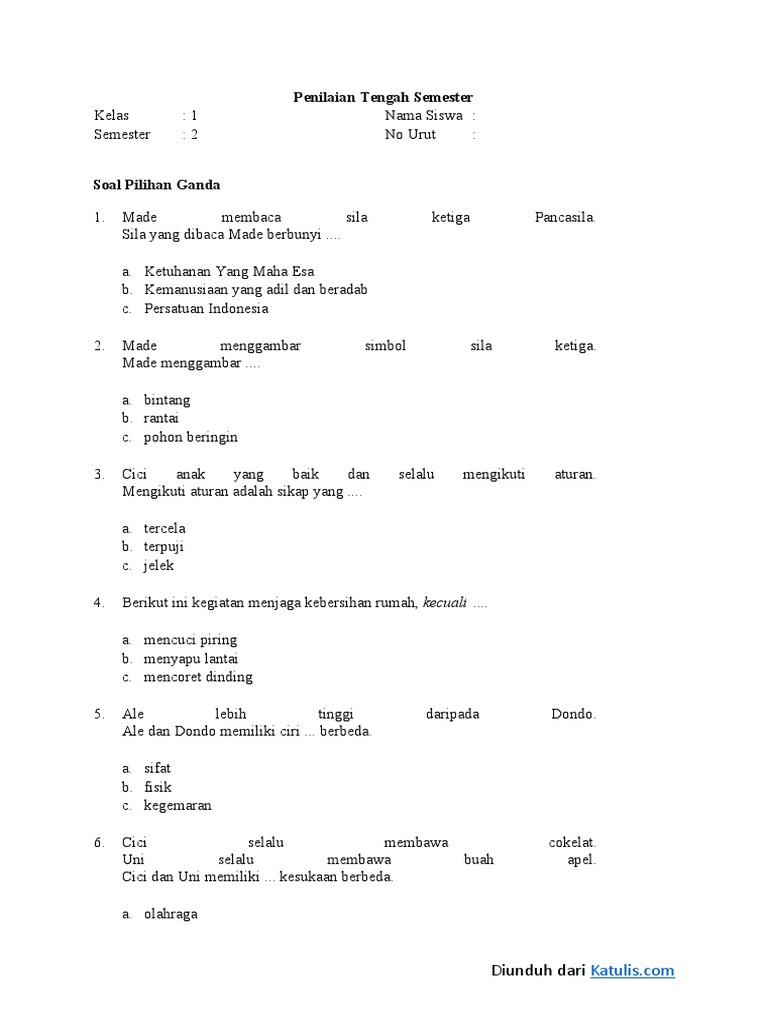 Soal PTS Kelas 1 Semester 2 | PDF