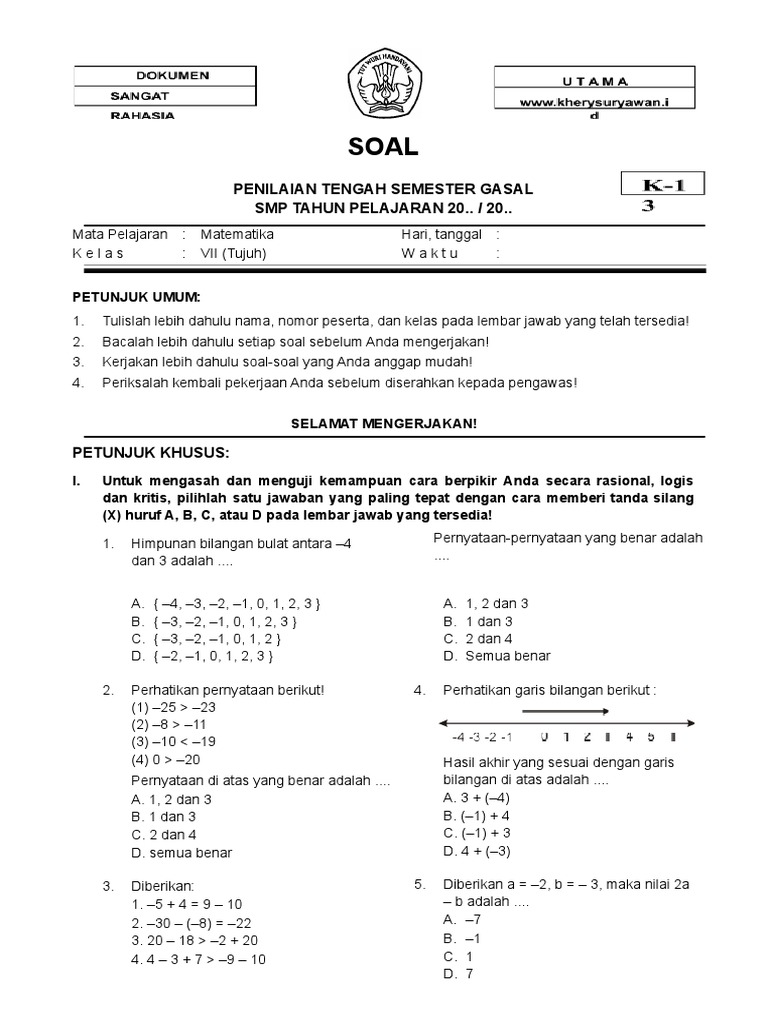 Soal Uts Matematika KLS 7 Sem.1 - WWW - Kherysuryawan.id | PDF