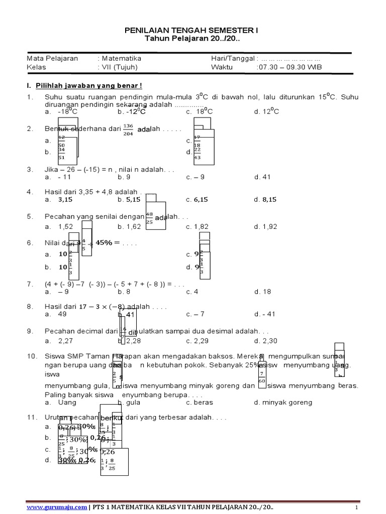 Soal PTS MTK Kelas VII Ganjil | PDF