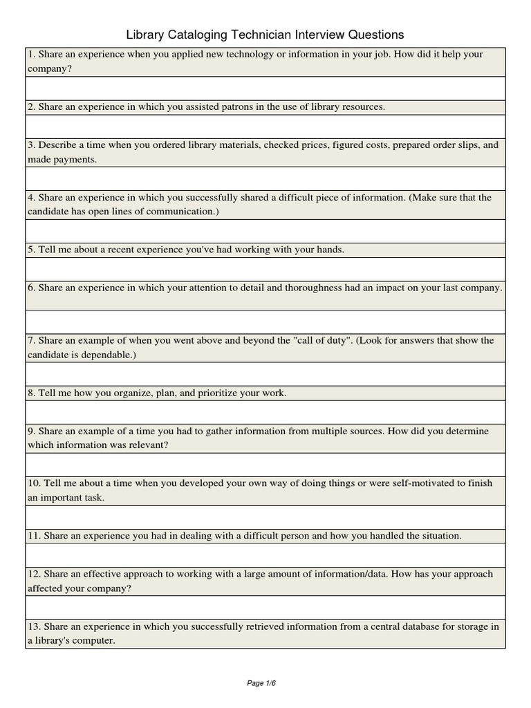 Library Cataloging Technician Interview Questions: Page 1/6 | PDF ...