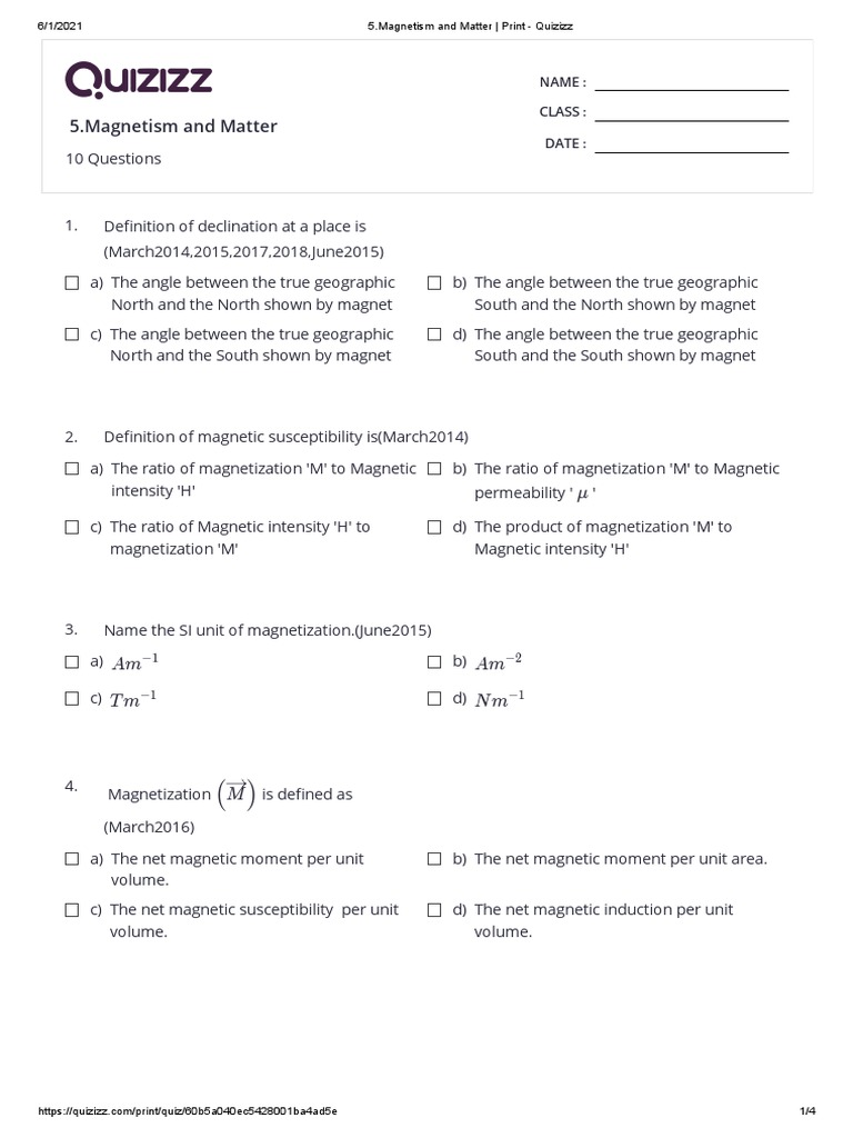 Magnetism and Matter Quiz Questions | PDF | Magnetic Field | Magnetization