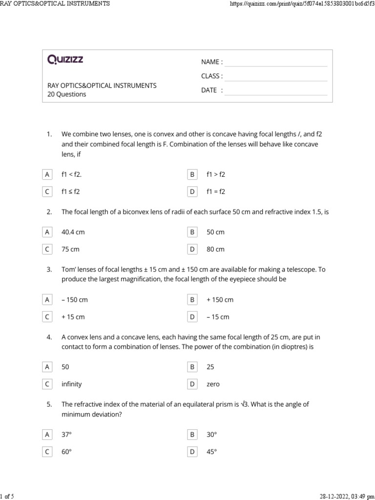 Ray Optics Quiz: 20 Questions | PDF | Optics | Refraction