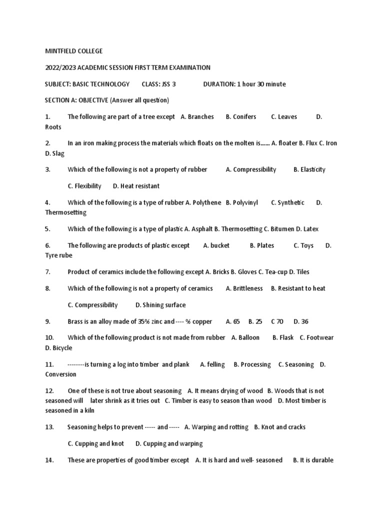 Basic Technology JSS 3 | PDF | Natural Rubber | Metals