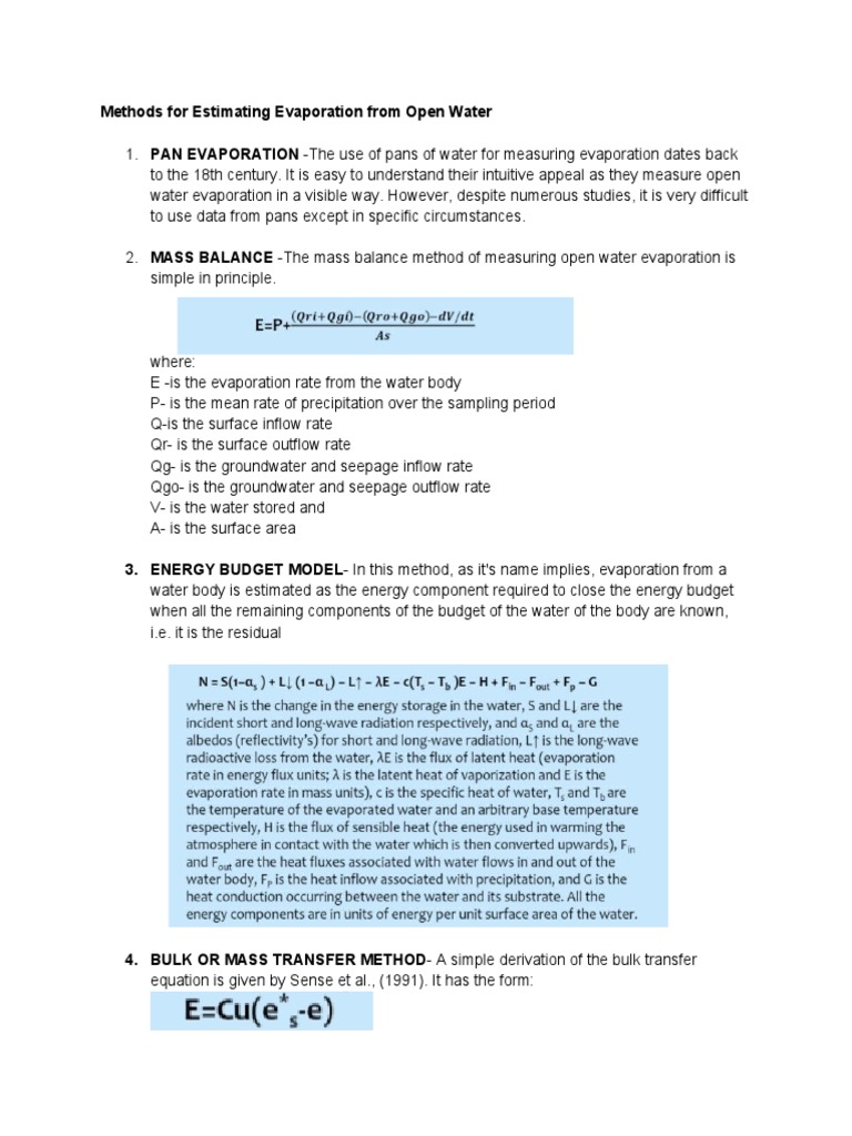 Methods For Estimating Evaporation From Open Water | PDF | Evaporation ... Methods For Estimating Evaporation From Open Water | PDF | Evaporation ...