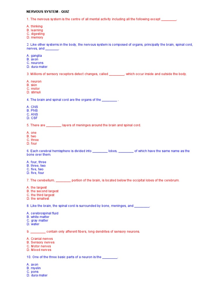Nervous System Quiz Questions and Answers | PDF