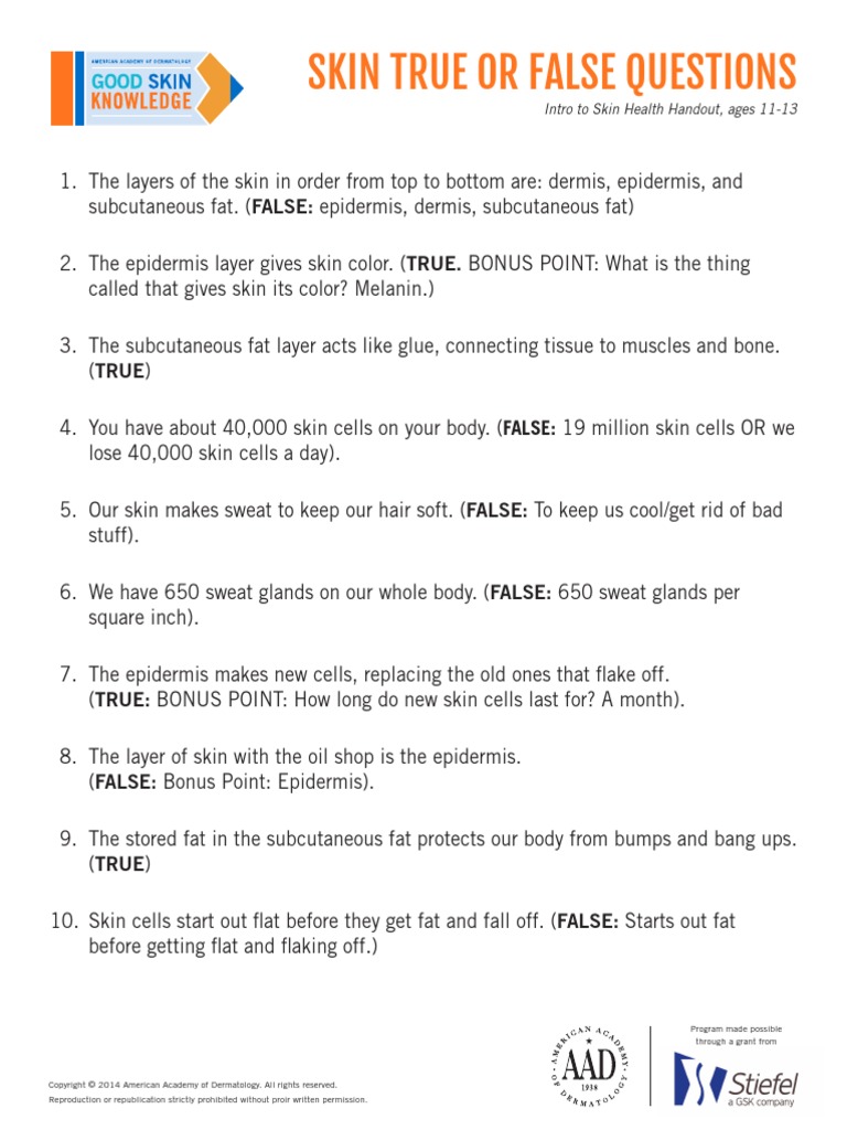 Public Parents-Kids Lesson-Plans Skin-Health 11-13 Skin-Intro Skin True ...