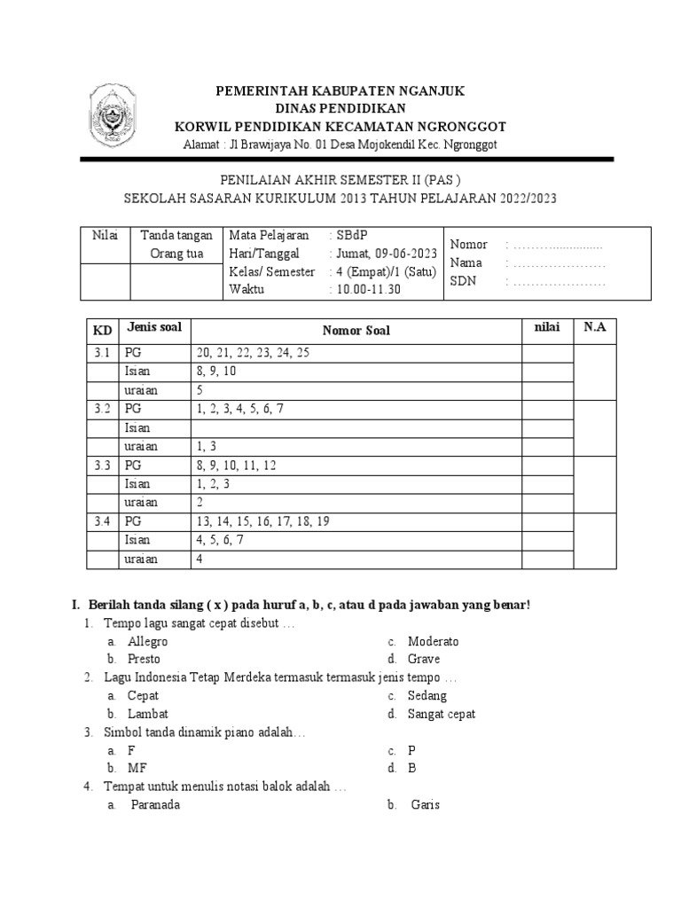 Soal PAS SBdP Kelas 4 Ngronggot | PDF