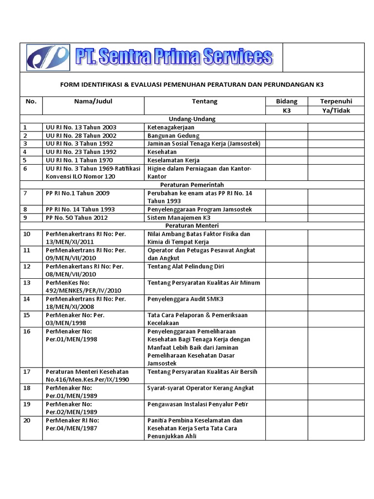 Formulir Pemenuhan Peraturan Perundangan | PDF