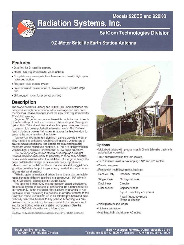 Datasheet RSI 9.2m Earth Station Antenna Model 920KS 920CS | PDF