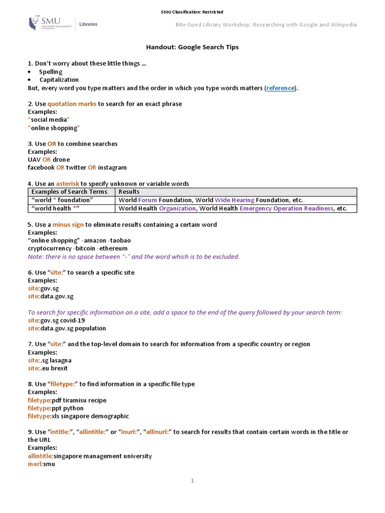 Handout (Google Search Tips) | PDF | Libraries | Wikipedia