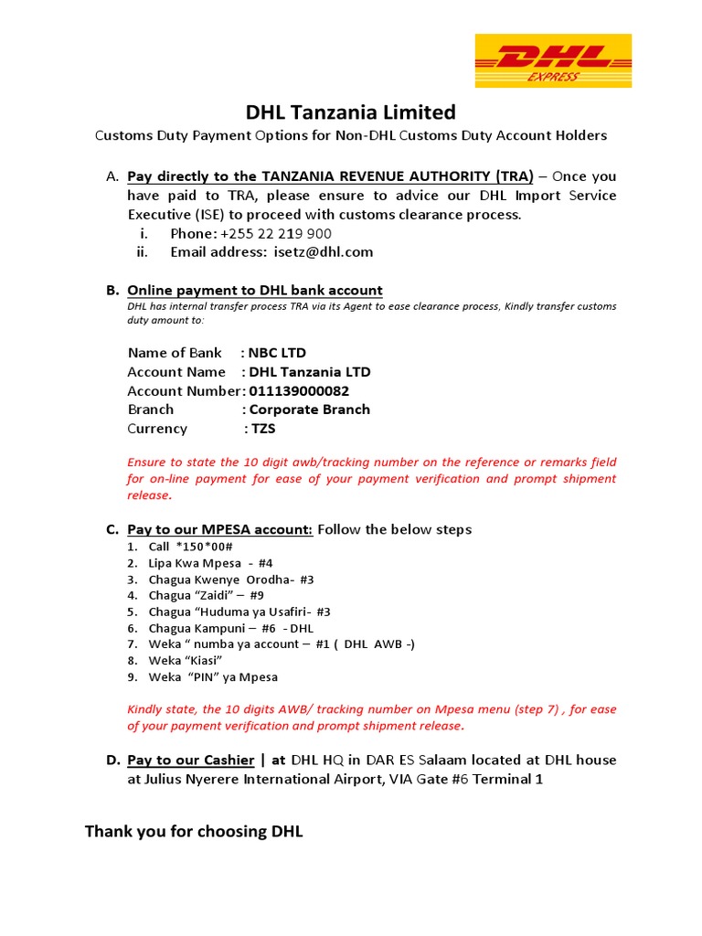 DHL Tanzania Customs Duty Payment Guide | PDF