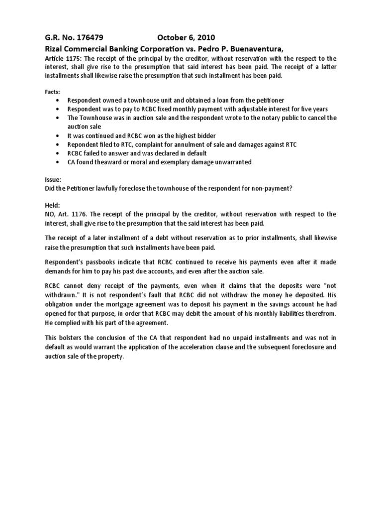 RCBC vs. Buenaventura: Foreclosure Case | PDF